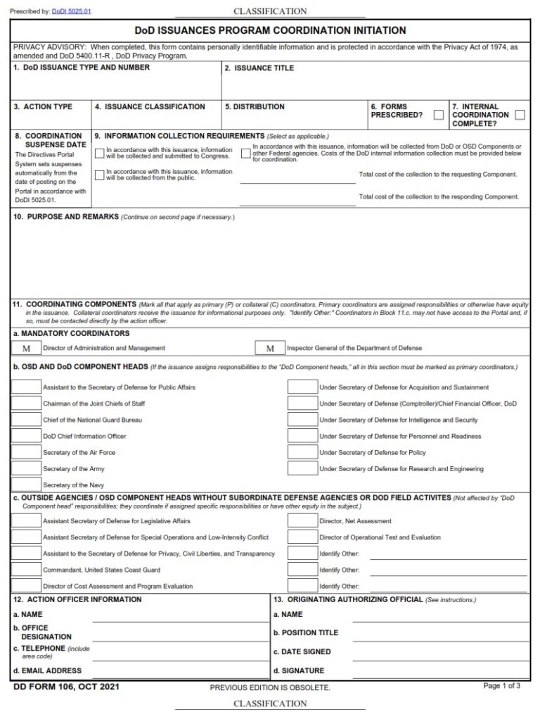 DD Form 106 – DoD Issuances Program Coordination Initiation (Sample ...