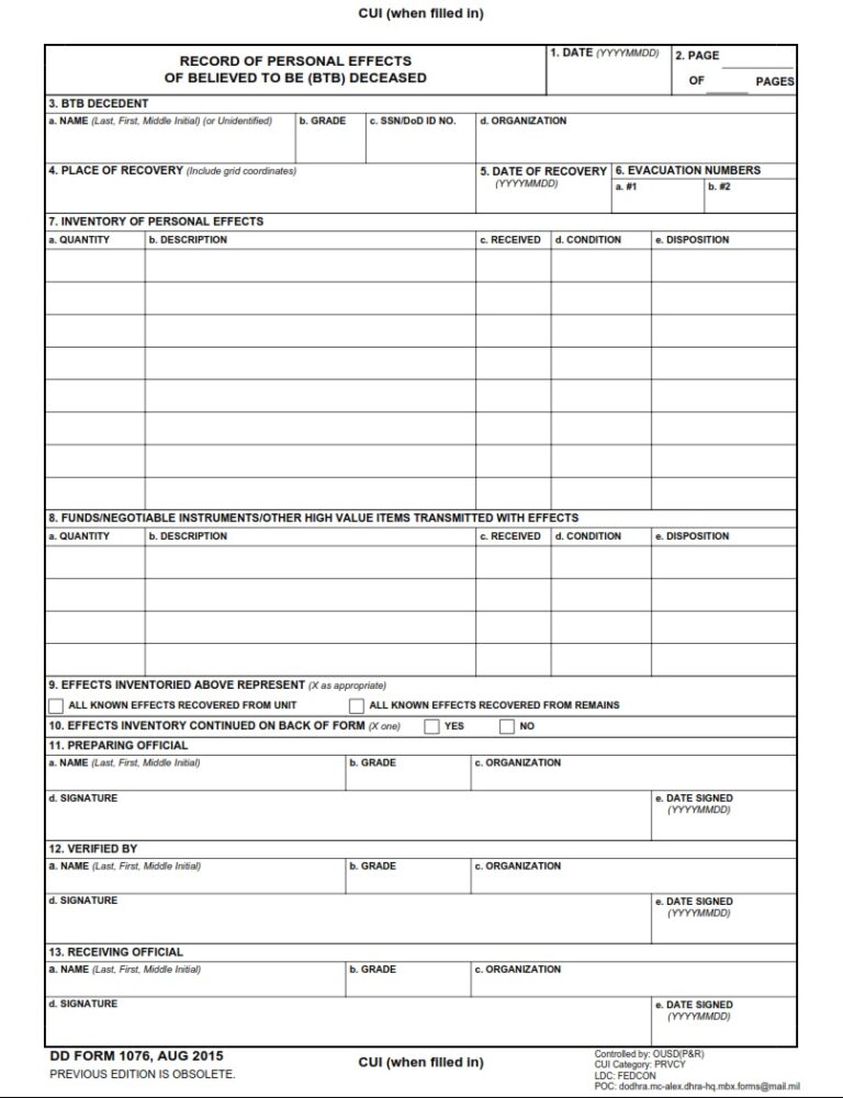 DD Form 1076 – Record of Personal Effects of Believed To Be (BTB ...