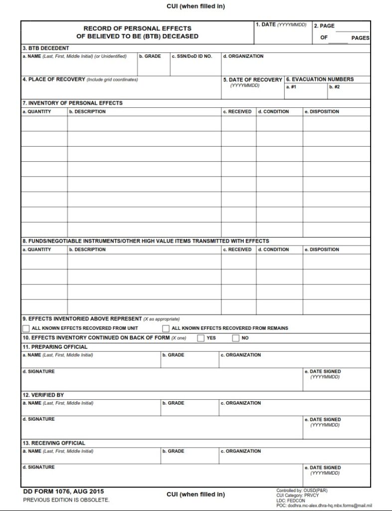 DD Form 1076 – Record of Personal Effects of Believed To Be (BTB ...