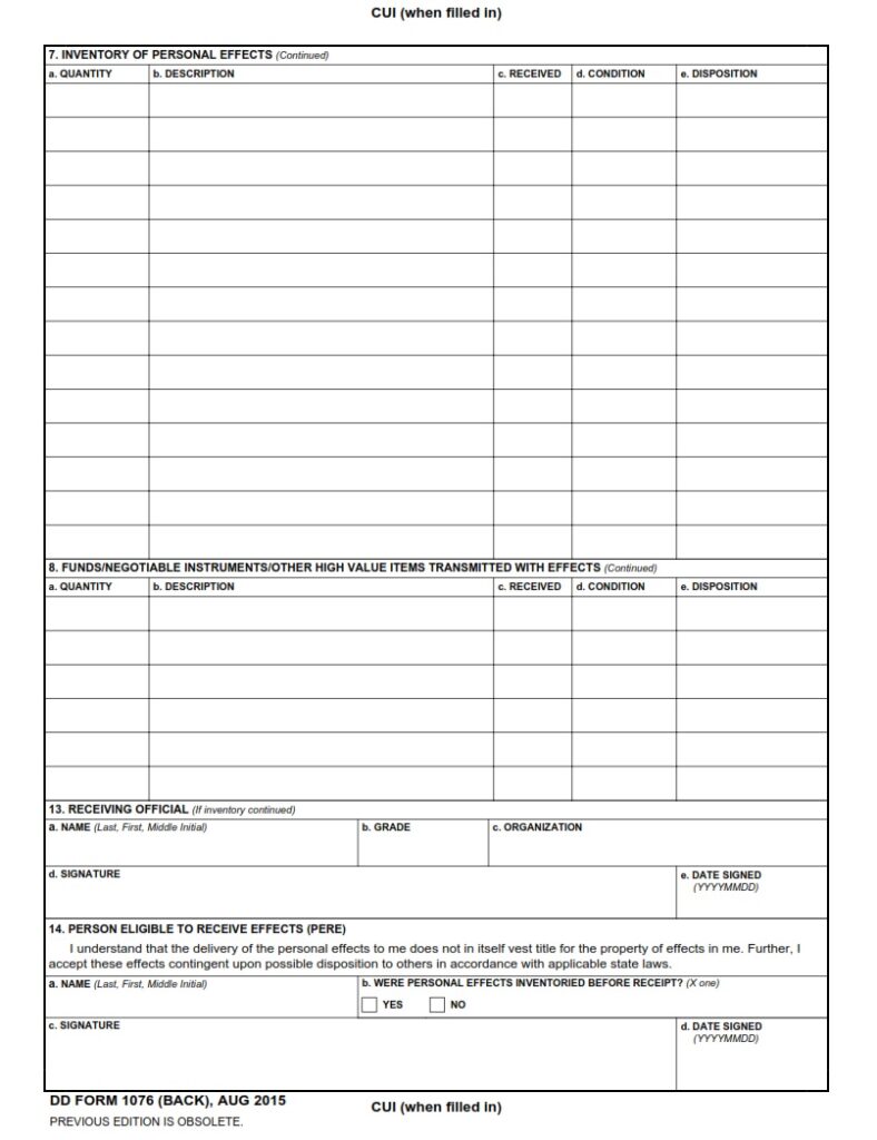 DD Form 1076 – Record of Personal Effects of Believed To Be (BTB ...