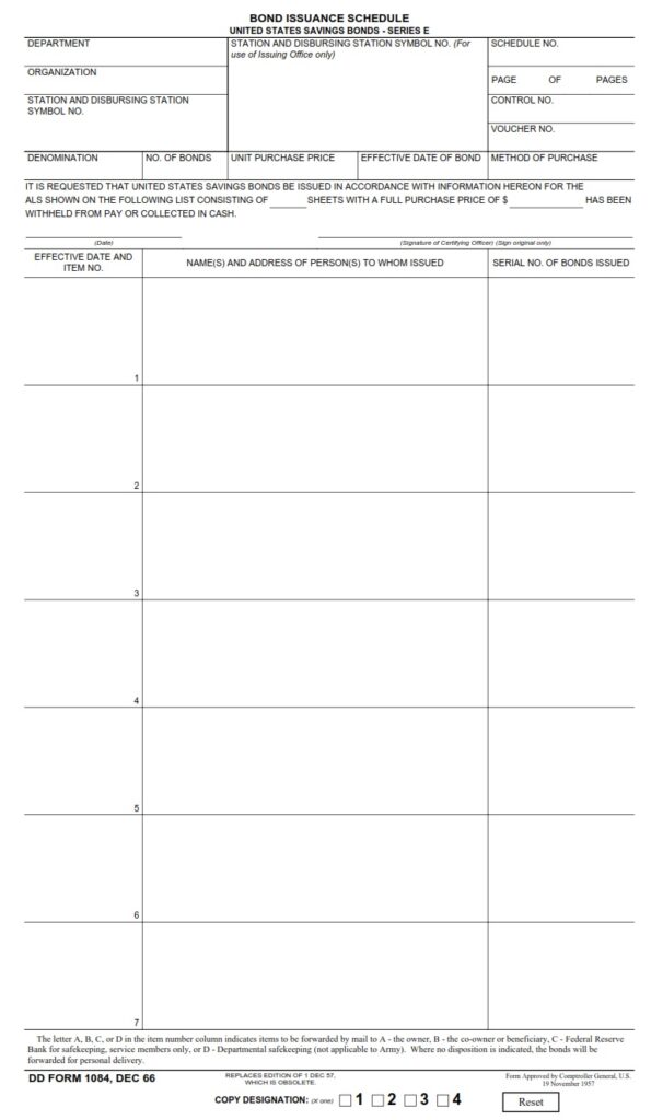 DD Form 1084 – Bond Issuance Schedule, U.S. Savings Bonds – Series E ...