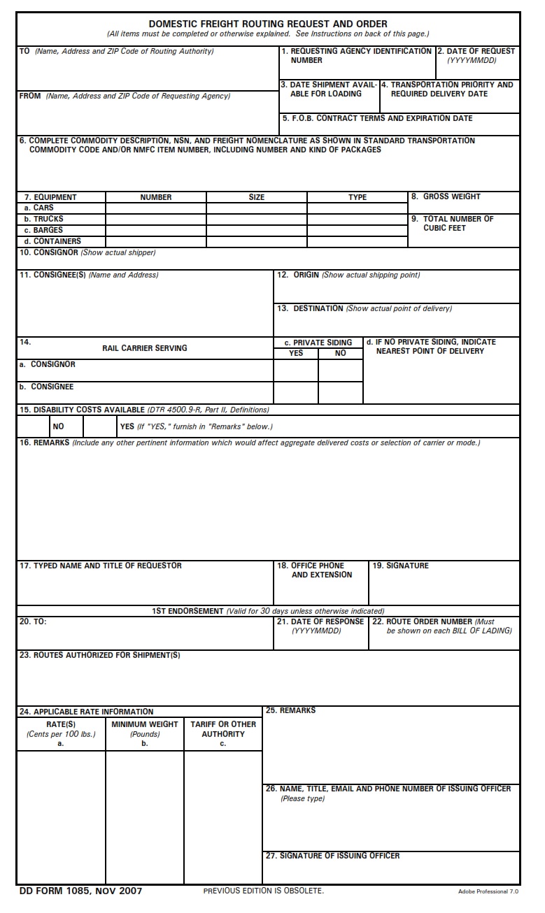 DD Form 1085 Domestic Freight Routing Request And Order DD Forms