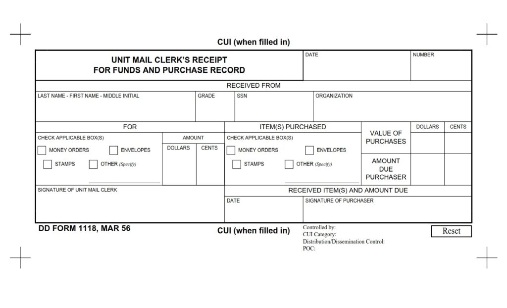 DD Form 1118 – Unit Mail Clerk’s Receipt for Funds and Purchase Record ...