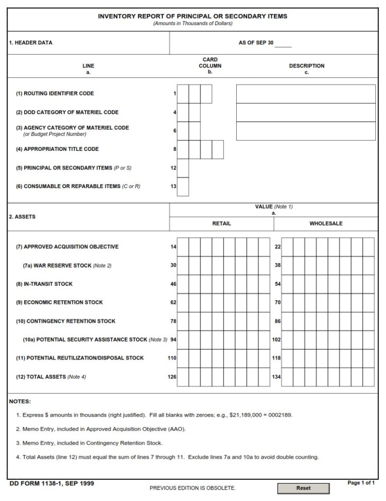 DD Form 1138-1 – Inventory Report of Principal or Secondary Items - DD ...