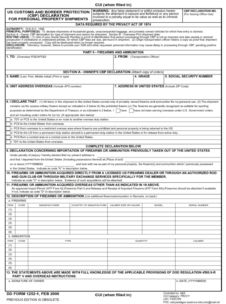 DD Form 1252-1 – U.S. Customs and Border Protection (CBP) Declaration ...