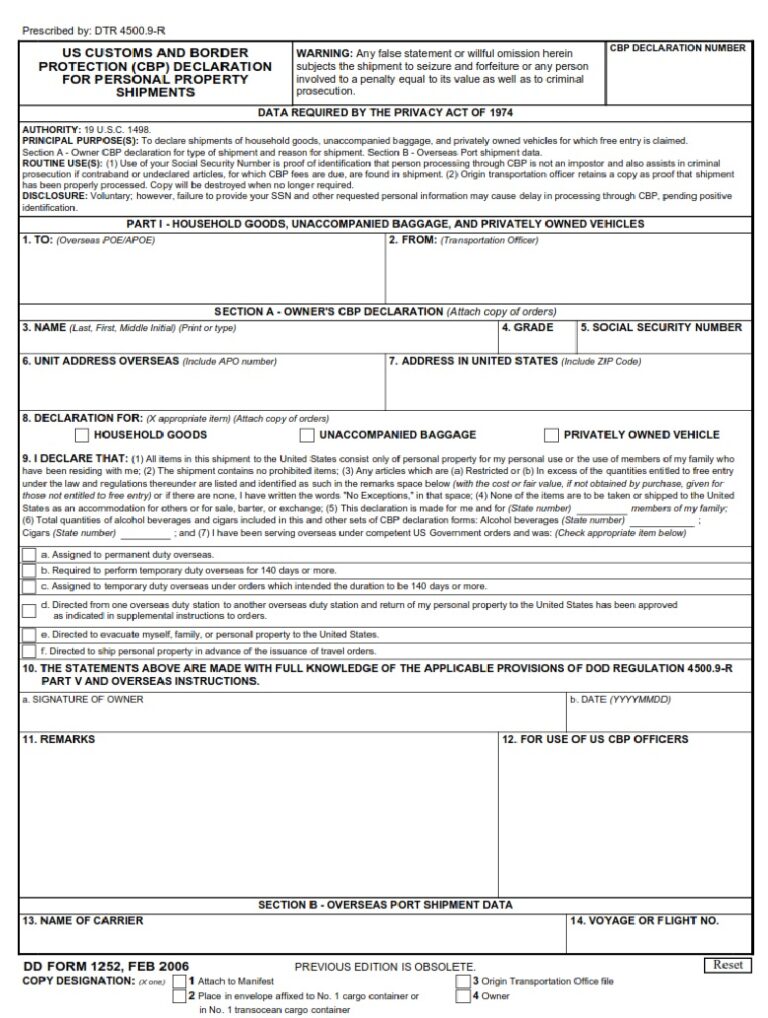 DD Form 1252 – U.S. Customs and Border Protection (CBP) Declaration for ...