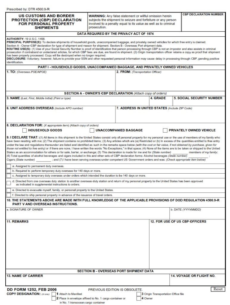DD Form 1252 – U.S. Customs and Border Protection (CBP) Declaration for ...
