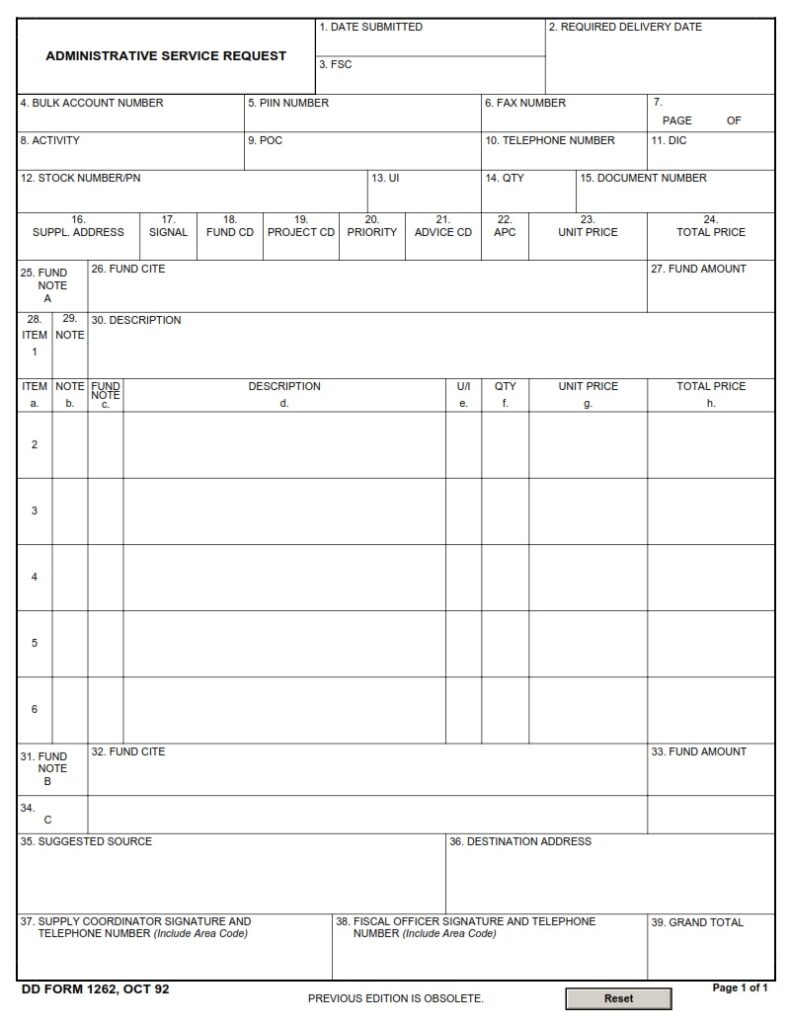 DD Form 1262 – Administrative Service Request - DD Forms