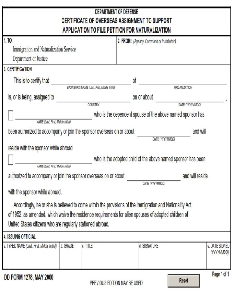 DD Form 1278 – Certificate of Oversea Assignment to Support Application ...