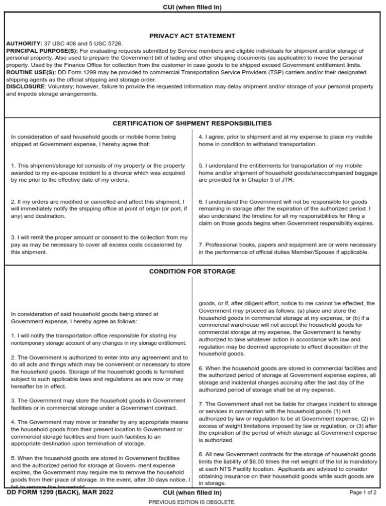 DD Form 1299 – Application for Shipment and/or Storage of Personal ...