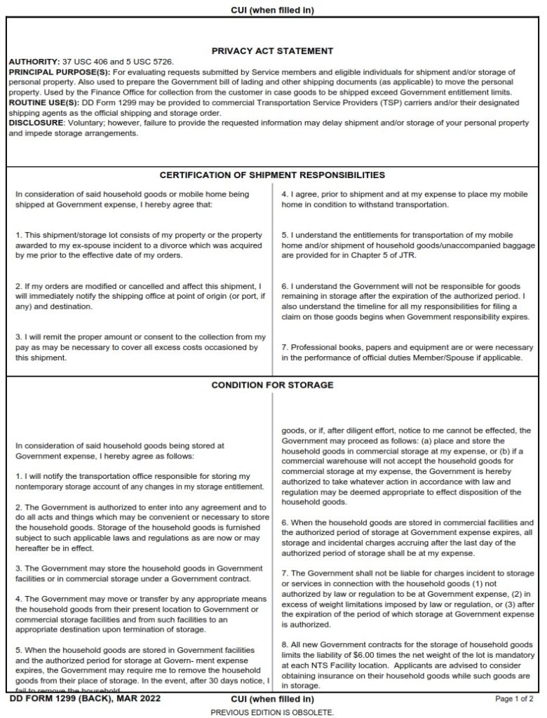 DD Form 1299 – Application for Shipment and/or Storage of Personal ...