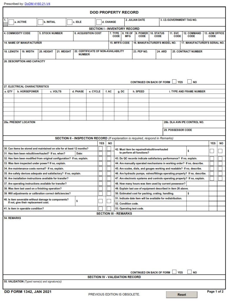DD Form 1342 – DoD Property Record - DD Forms