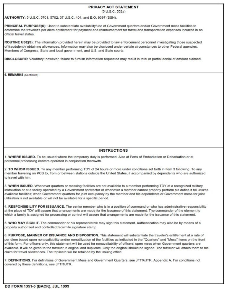 DD Form 1351-5 – Quarters and/or Mess, Government - DD Forms