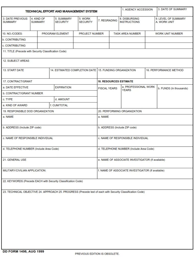 DD Form 1498 – Technical Effort and Management System - DD Forms