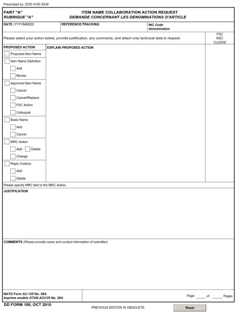 DD Form 180 – Item Name Collaboration Action Request - DD Forms