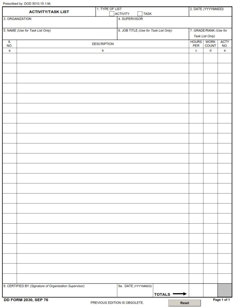 DD Form 2030 – Activity/Task List - DD Forms