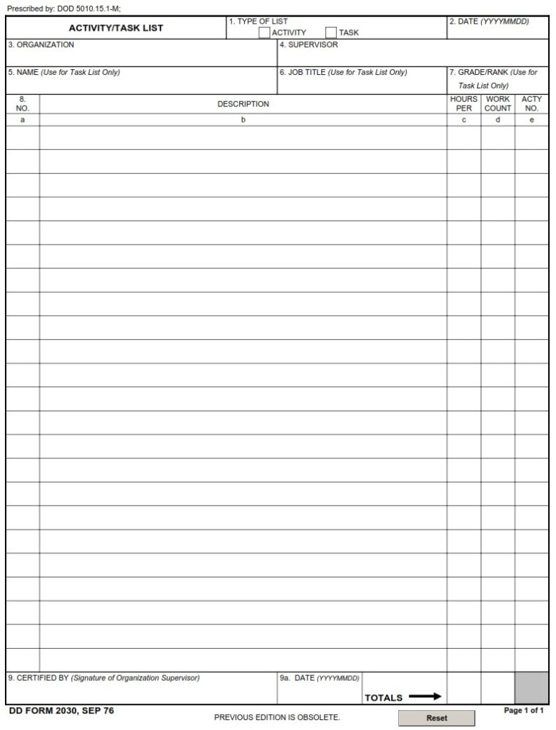 DD Form 2030 – Activity/Task List - DD Forms