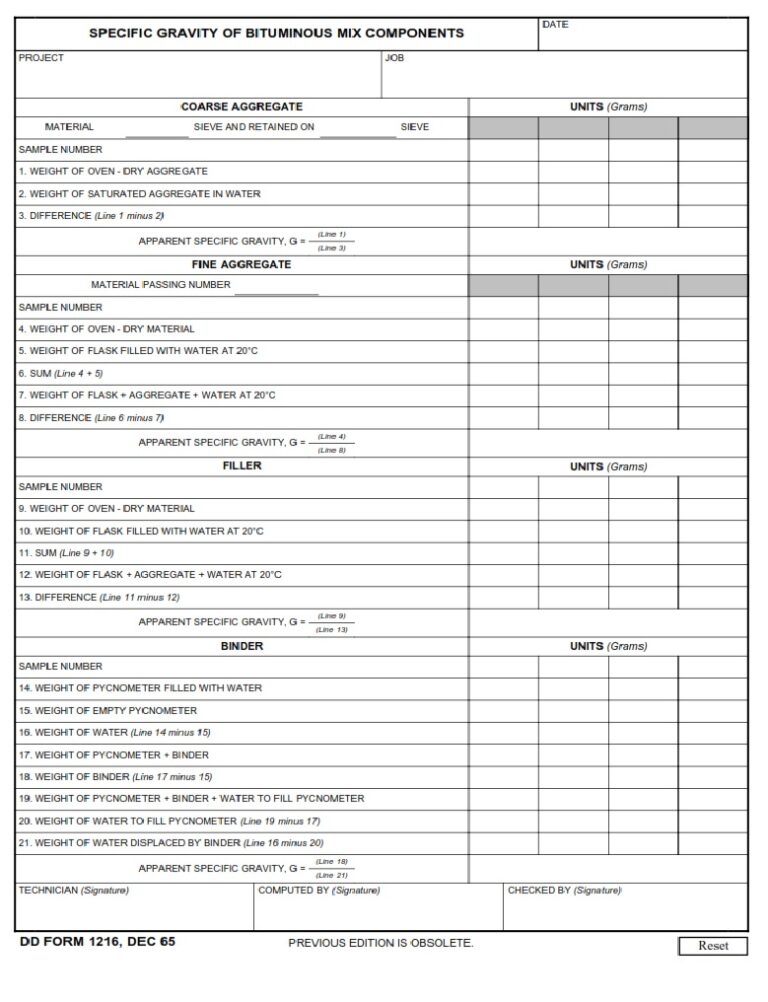DD Form 1216 – Bituminous Mix Components, Specific Gravity of - DD Forms