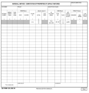 DD Form 1218 – Marshall Method – Computation of Properties of Asphalt ...