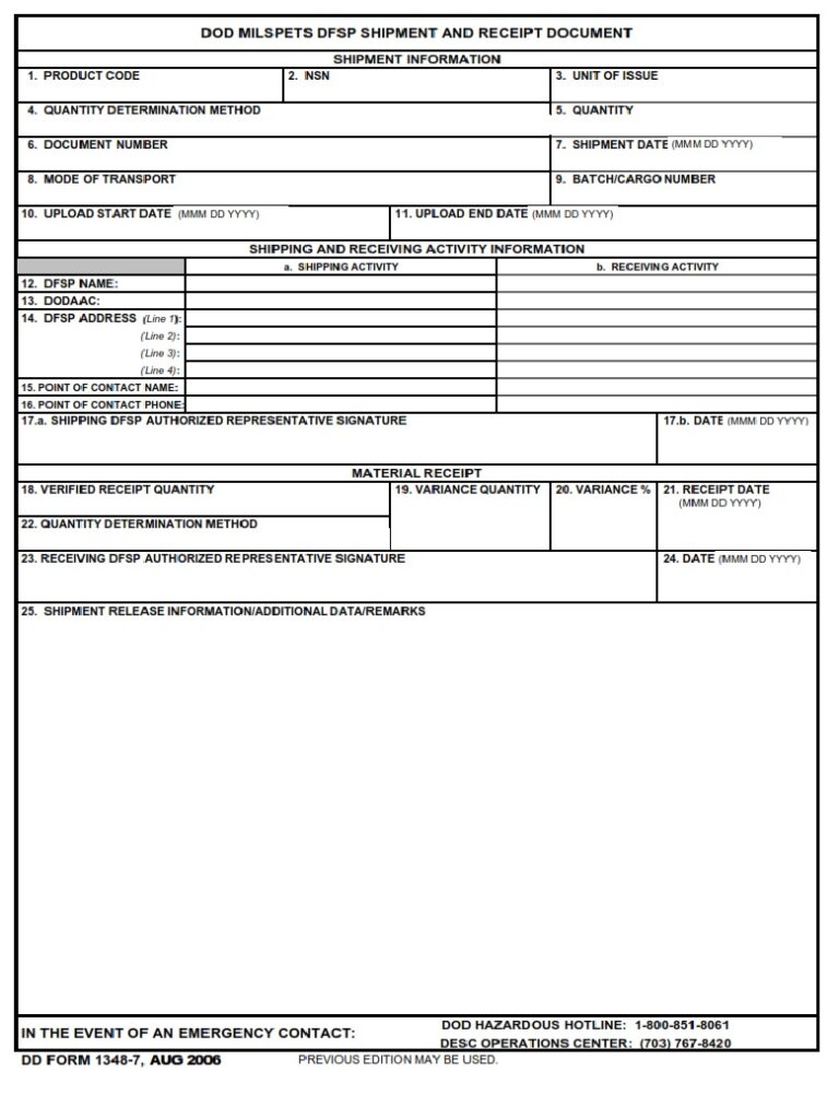 DD Form 1348-7 – DoD MILSPETS DFSP Shipment and Receipt Document - DD Forms