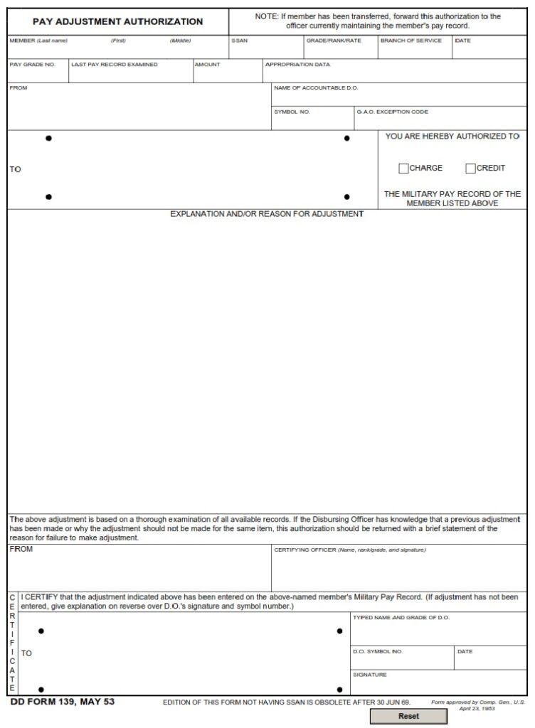 DD Form 139 Pay Adjustment Authorization DD Forms DD Form 139 Pay Adjustment Authorization DD Forms