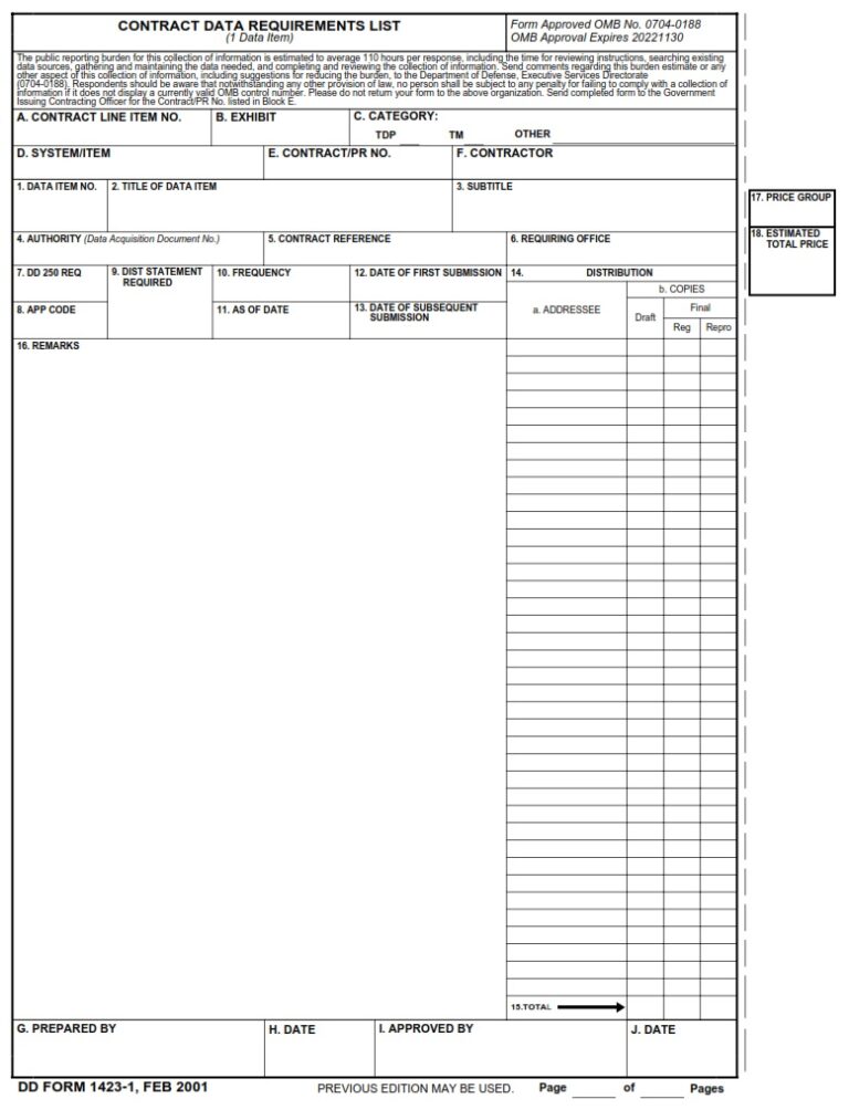 DD Form 1423-1 – Contract Data Requirements List (1 Data Item) - DD Forms