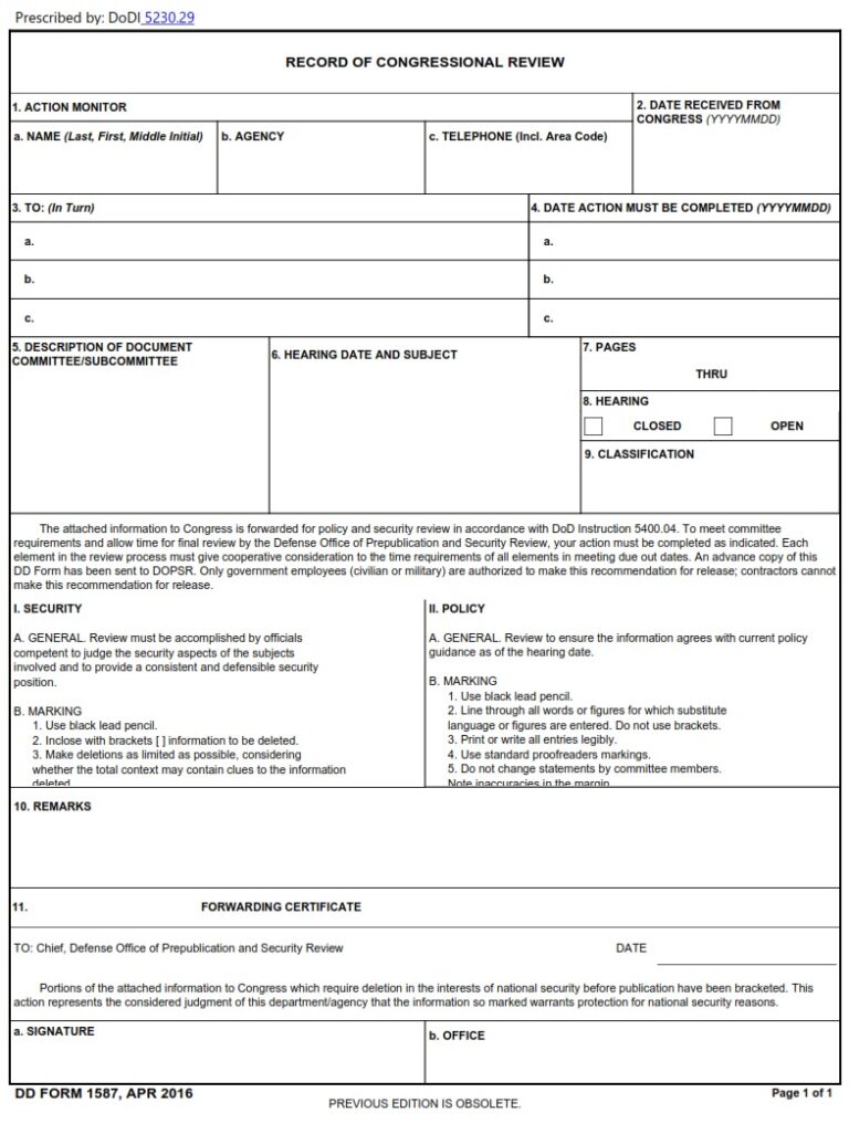 DD Form 1587 – Record of Congressional Transcript Review - DD Forms
