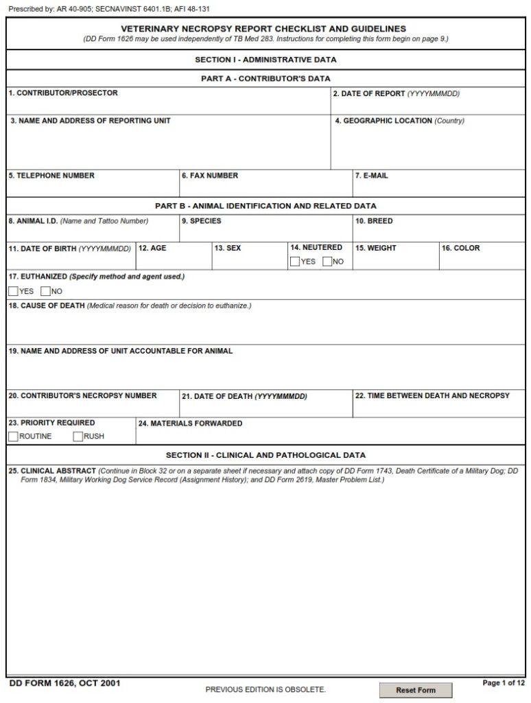 DD Form 1626 – Veterinary Necropsy Report - DD Forms