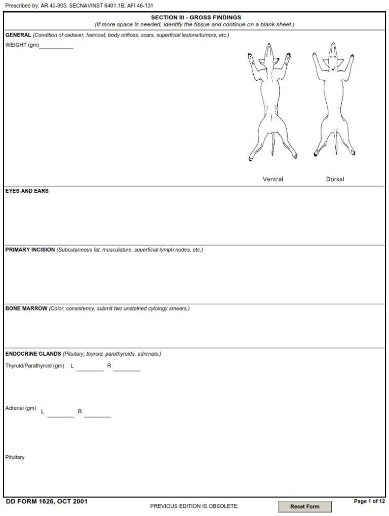 DD Form 1626 – Veterinary Necropsy Report - DD Forms