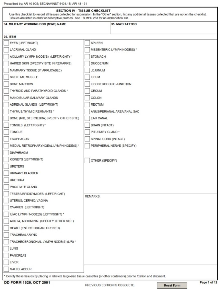 DD Form 1626 – Veterinary Necropsy Report - DD Forms
