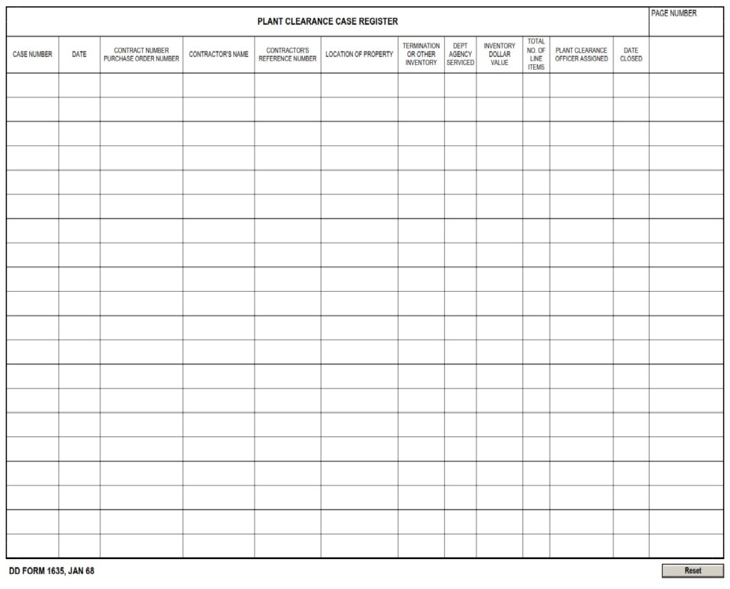DD Form 1635 – Plant Clearance Case Register - DD Forms