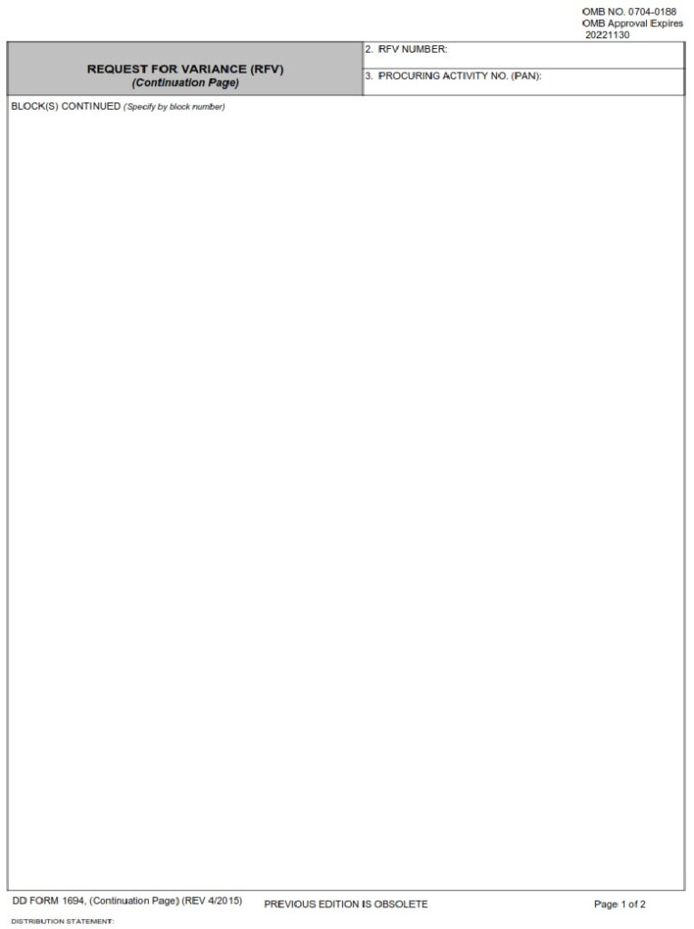 DD Form 1694c – Request for Variance (RFV), Continuation Sheet - DD Forms