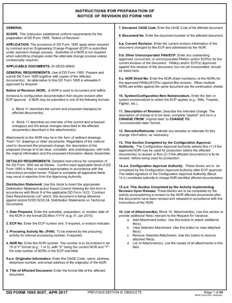 DD Form 1695-Inst – Instructions for Preparation of Notice of Revision ...