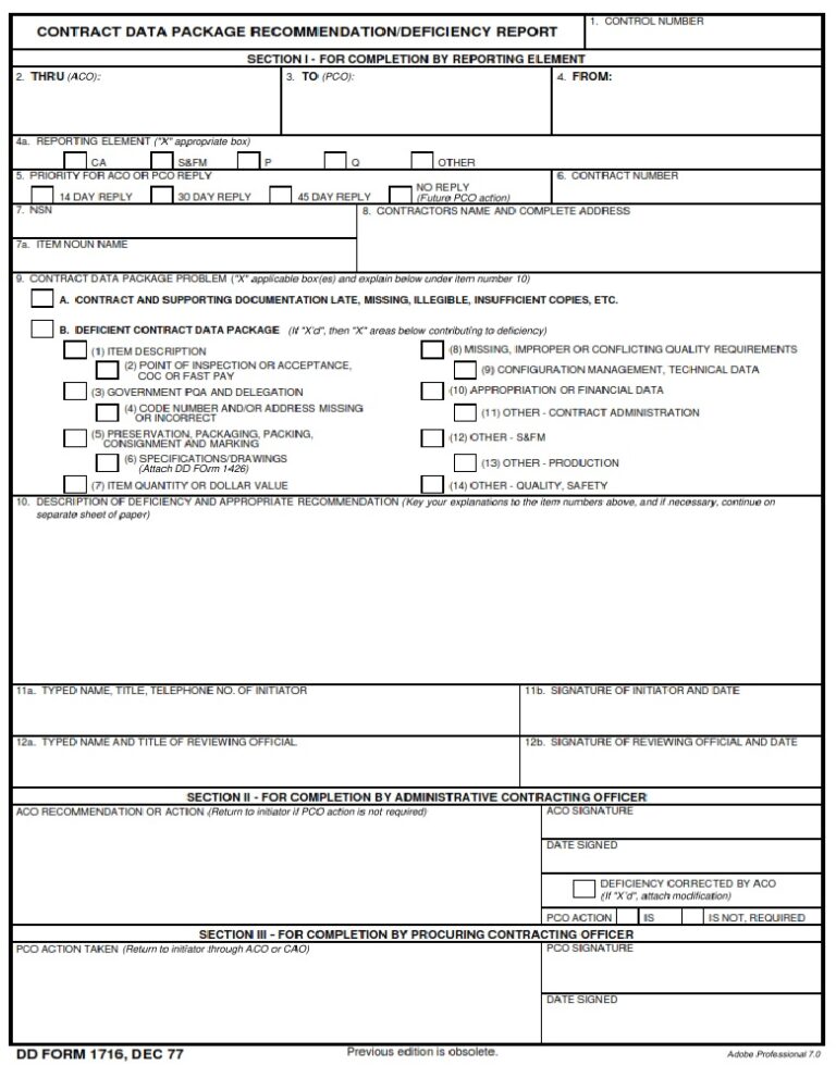 DD Form 1716 – Contract Data Package Recommendation/Deficiency Report ...