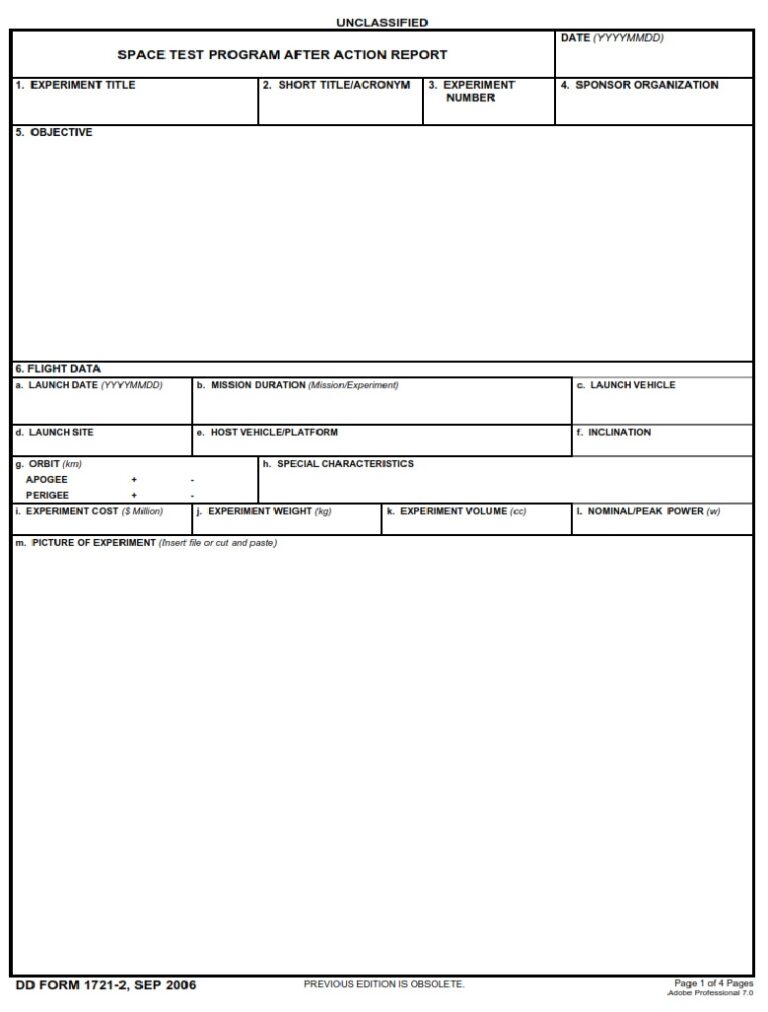 DD Form 1721-2 – Space Test Program After Action Report - DD Forms