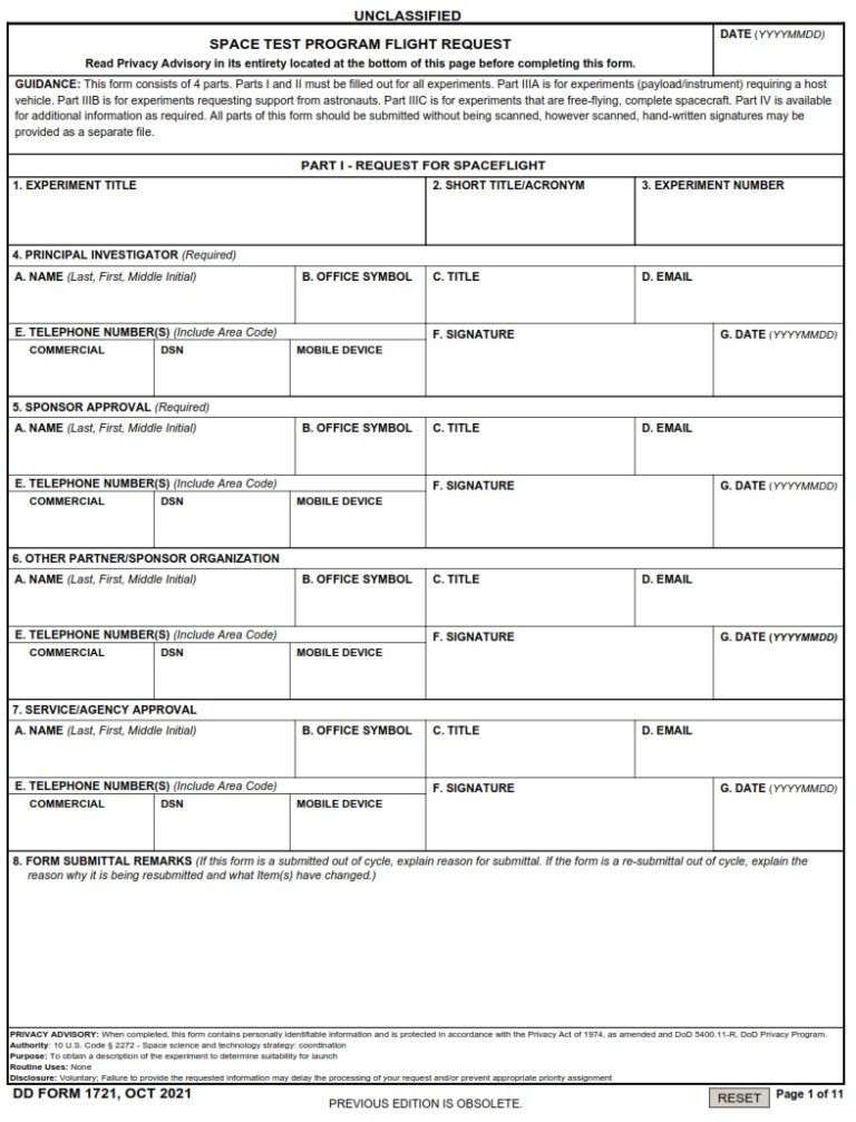 DD Form 1721 – Space Test Program Flight Request - DD Forms