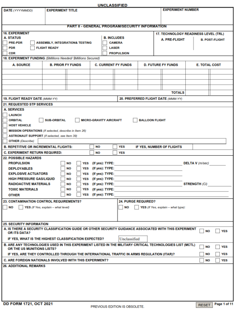DD Form 1721 – Space Test Program Flight Request - DD Forms