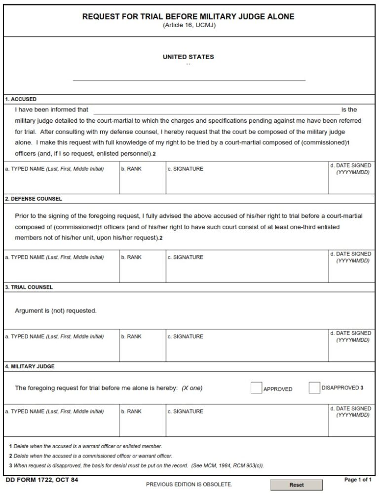DD Form 1722 – Request for Trial Before Military Judge Alone - DD Forms