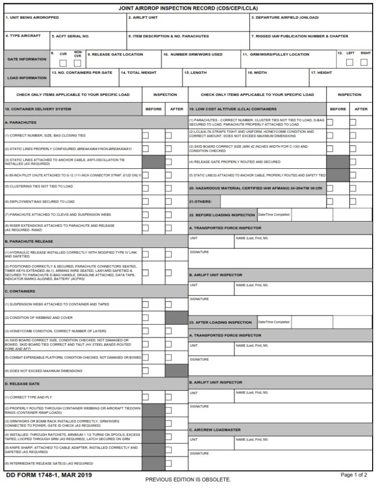 DD Form 1748-1 – Joint Airdrop Inspection Record (CDS/CEP/LCLA) - DD Forms