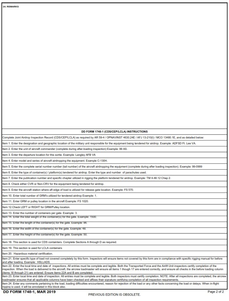 DD Form 1748-1 – Joint Airdrop Inspection Record (CDS/CEP/LCLA) - DD Forms