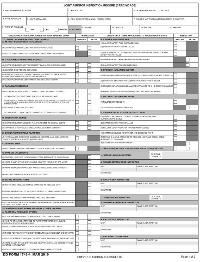 DD Form 1748-4 – Joint Airdrop Inspection Record (CRRC/MCADS) - DD Forms