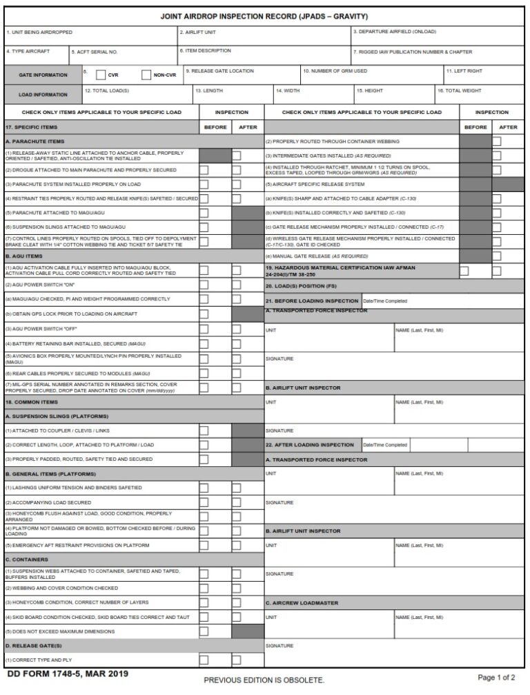 DD Form 1748-5 – Joint Airdrop Inspection Record (JPADS – Gravity) - DD ...