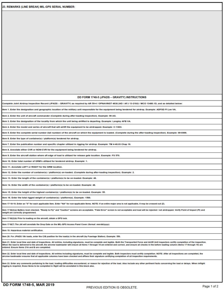 DD Form 1748-5 – Joint Airdrop Inspection Record (JPADS – Gravity) - DD ...