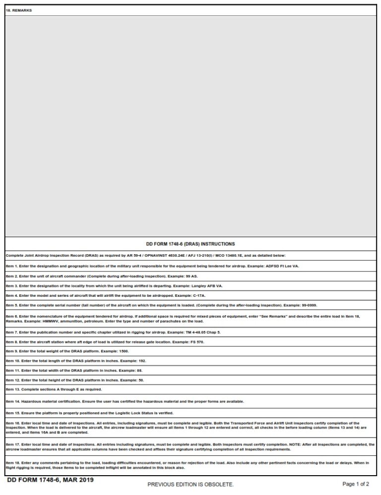 DD Form 1748-6 – Joint Airdrop Inspection Record (DRAS) - DD Forms