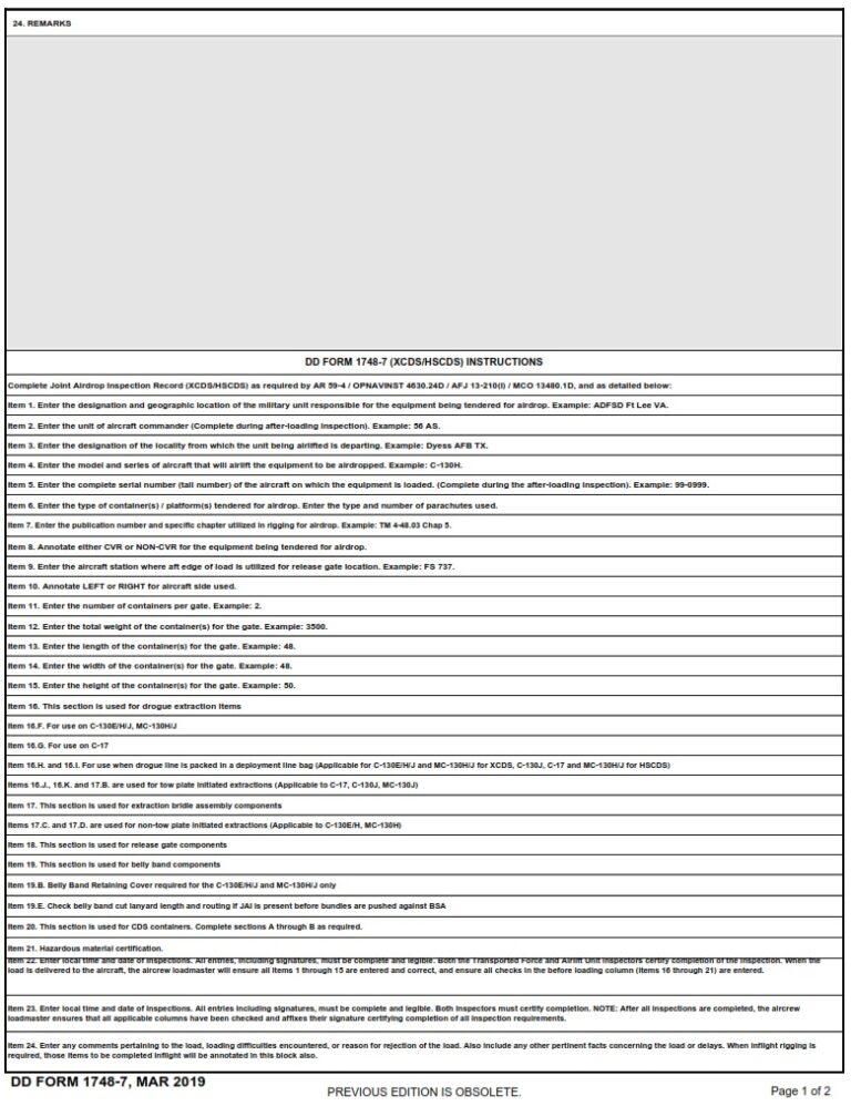 DD Form 1748-7 – Joint Airdrop Inspection Record (XCDS/HSCDS) - DD Forms