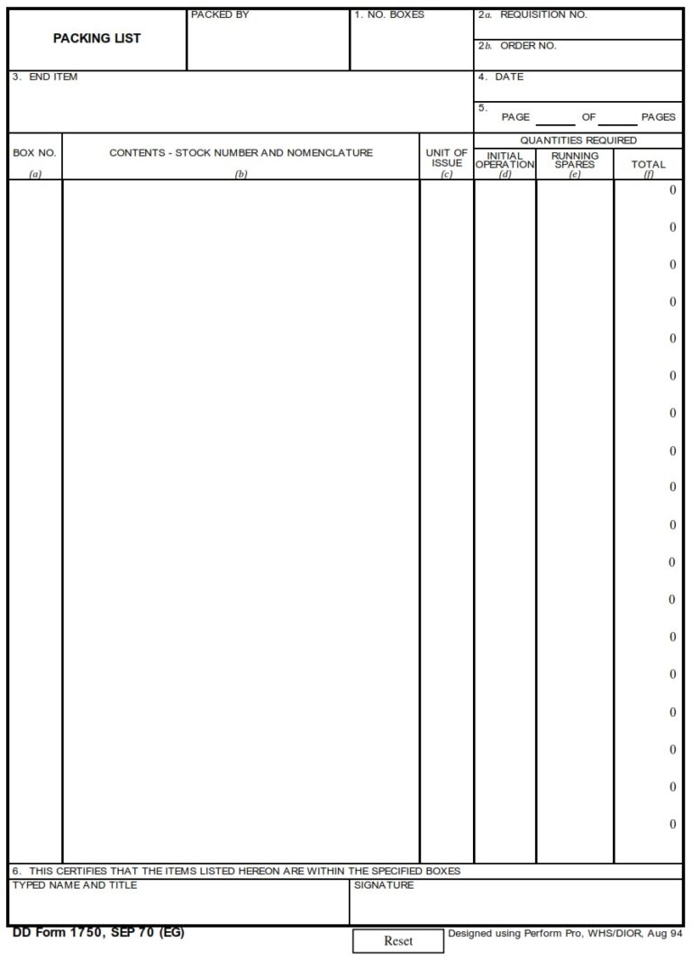DD Form 1750 – Packing List - DD Forms DD Form 1750 – Packing List - DD Forms