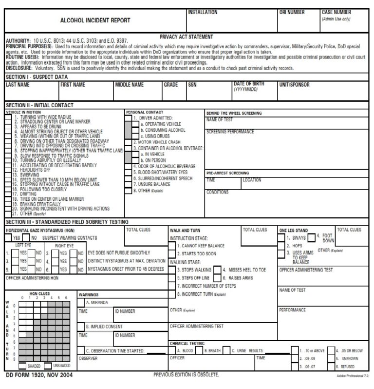 DD Form 1920 – Alcohol Incident Report - DD Forms