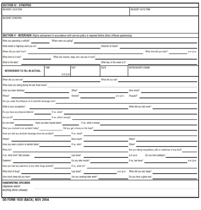DD Form 1920 – Alcohol Incident Report - DD Forms