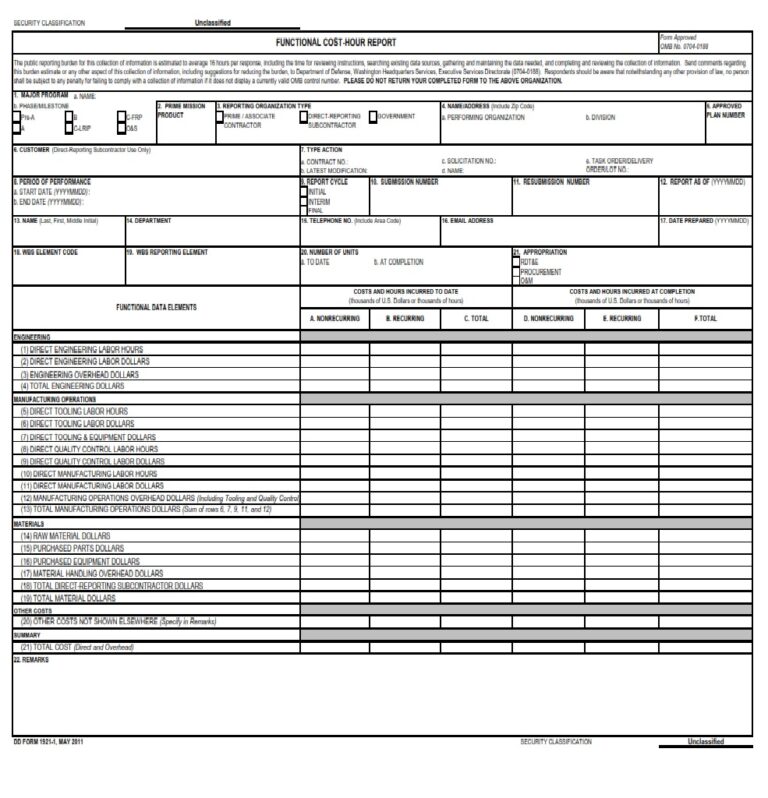 DD Form 1921-1 – Functional Cost-Hour Report - DD Forms