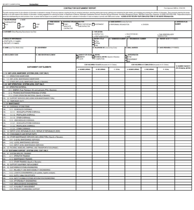 DD Form 1921-4 – Contractor Sustainment Report - DD Forms
